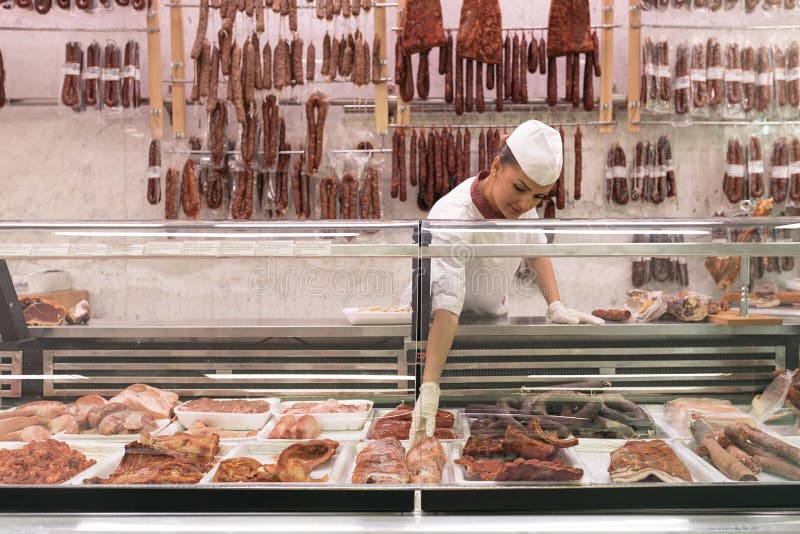 Pretty Butchery Woman Working. Stock Image - Image of butcher, market ...