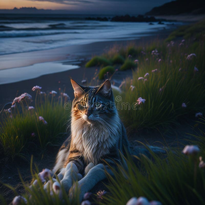 Pretty cat on the beach stock illustration. Illustration of green ...