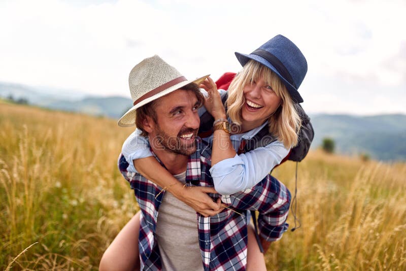 Pretty Caucasian Couple Exploring Countryside Stock Photo - Image of ...