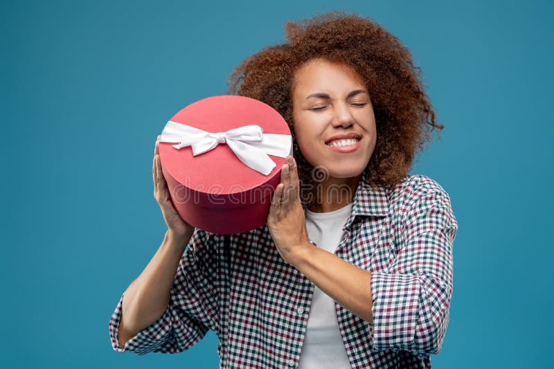 Pretty Cheerful Woman with a Gift Box in Hands Stock Photo - Image of ...