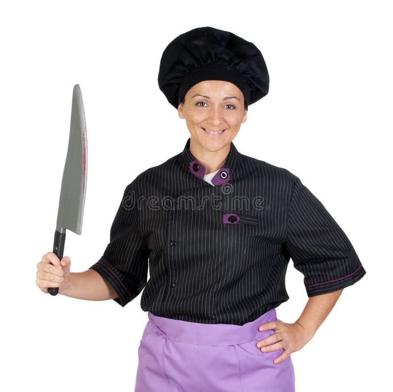 Pretty Cook Woman with Big Knife Stock Photo - Image of professional ...