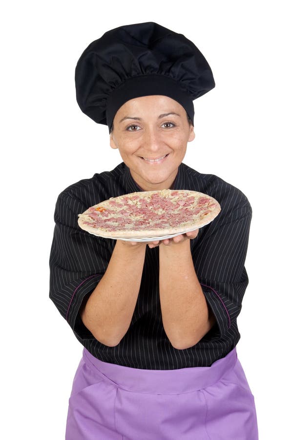 Pretty Cook Woman with Ham Pizza Stock Photo - Image of diet, cooking ...