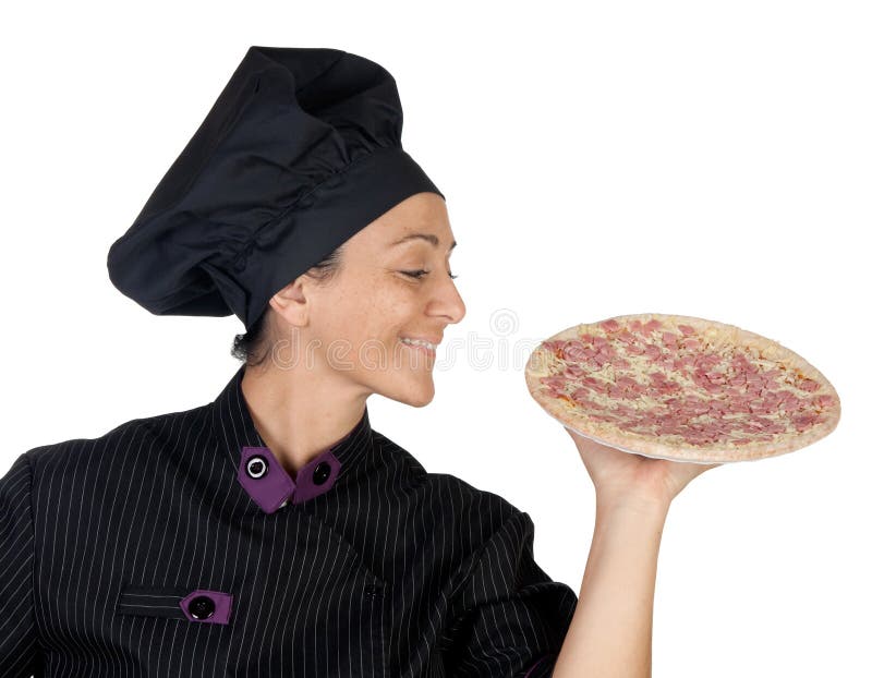 Pretty Cook Woman with Ham Pizza Stock Photo - Image of caucasian ...