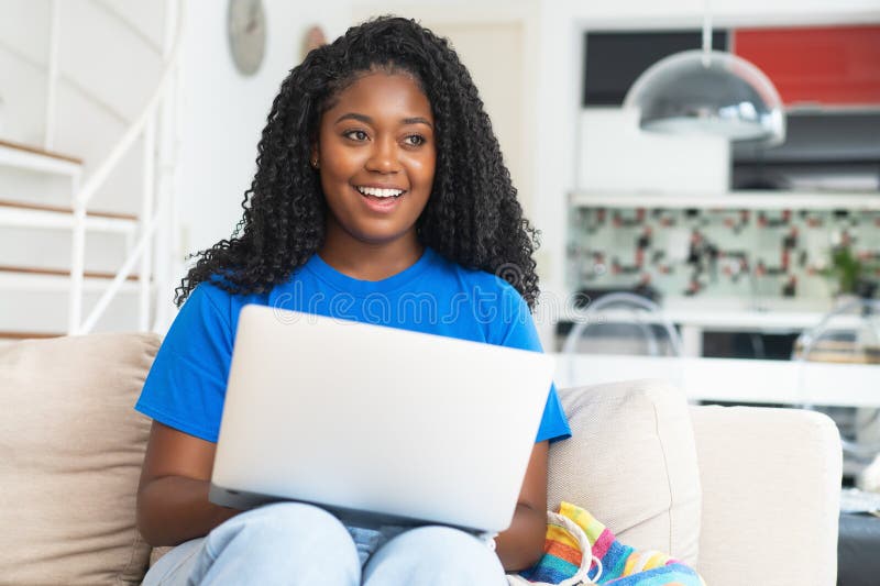 Pretty Corpluent Black Female Student Learning at Computer Stock Photo ...