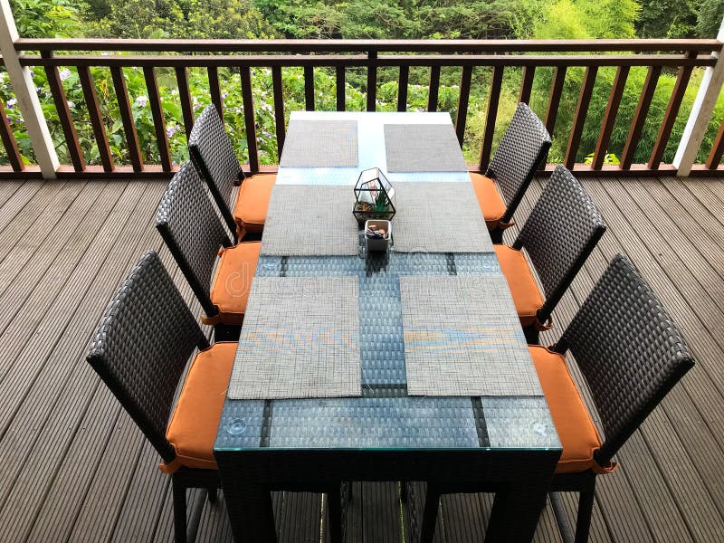 Pretty Cozy Decor of Big Terrace with Sofa and Coffee Table Stock Photo ...