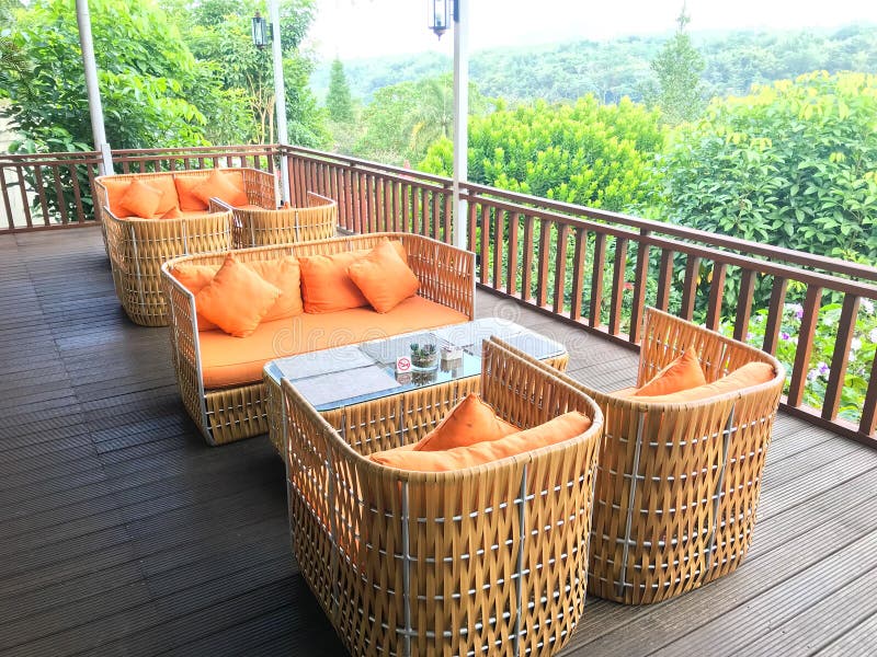 Pretty Cozy Decor of Big Terrace with Sofa and Coffee Table Stock Photo ...