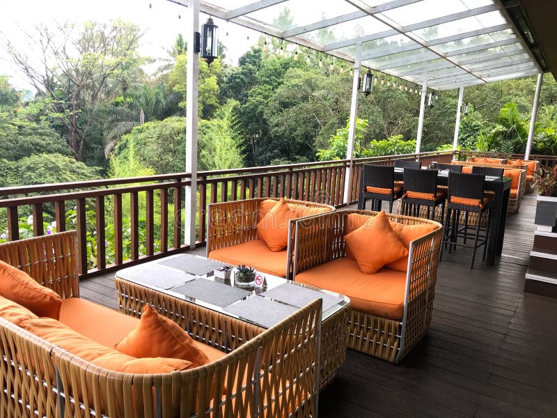 Pretty Cozy Decor of Big Terrace with Sofa and Coffee Table Stock Photo ...