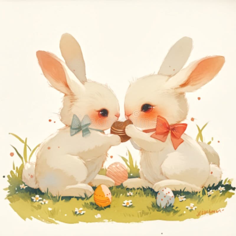 Pretty Cute Couple Easter Rabbit Eating Chocolate Easter Stock ...