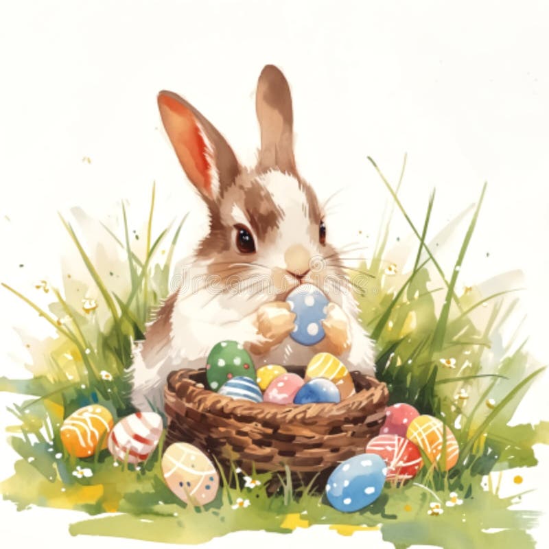 Pretty Cute Easter Rabbit Eating Chocolate Easter on the Grass Stock ...