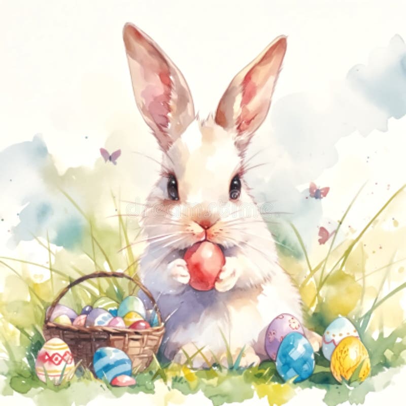 Pretty Cute Easter Rabbit Eating Chocolate Easter on the Grass Stock ...