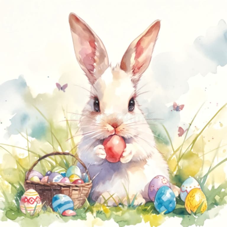 Pretty Cute Easter Rabbit Eating Chocolate Easter on the Grass Stock ...