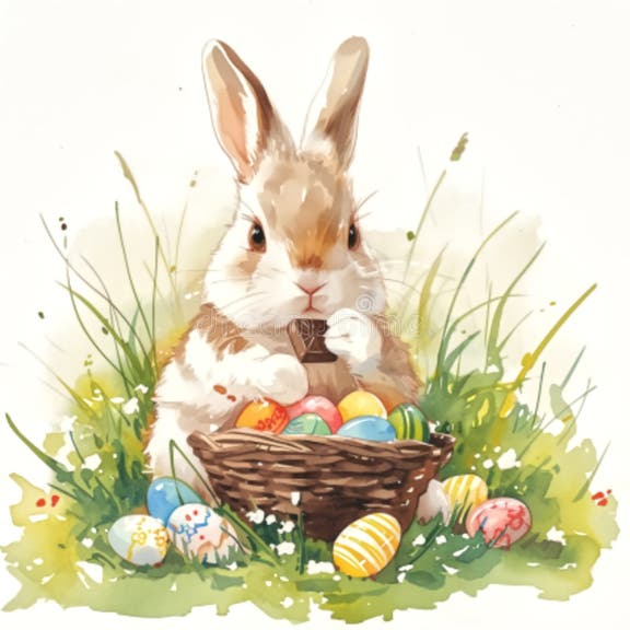 Pretty Cute Easter Rabbit Eating Chocolate Easter on the Grass Stock ...