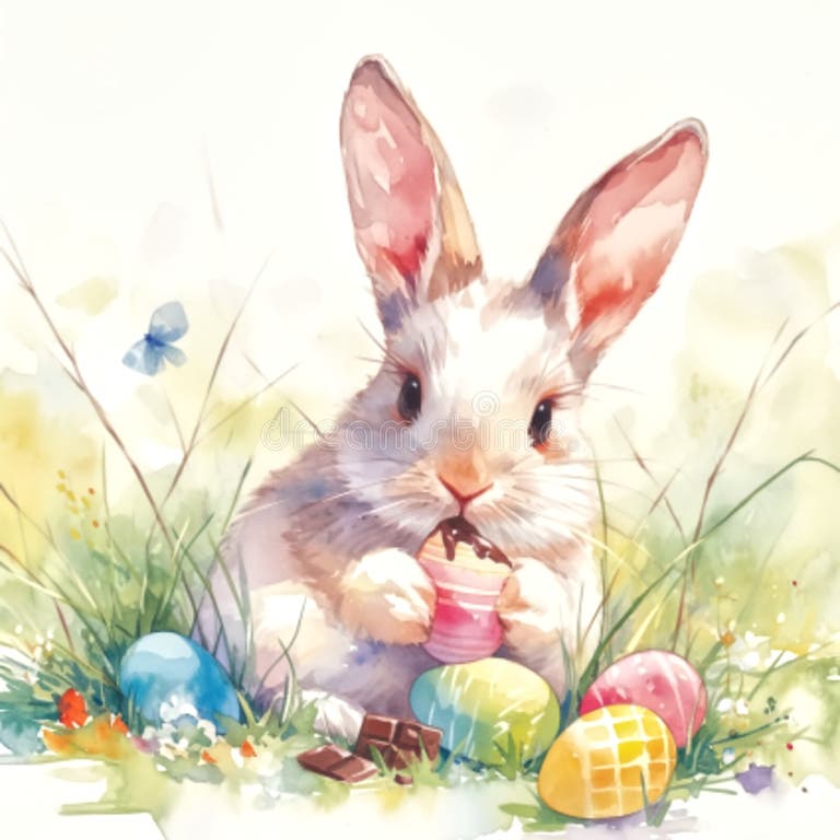 Pretty Cute Easter Rabbit Eating Chocolate Easter on the Grass Stock ...