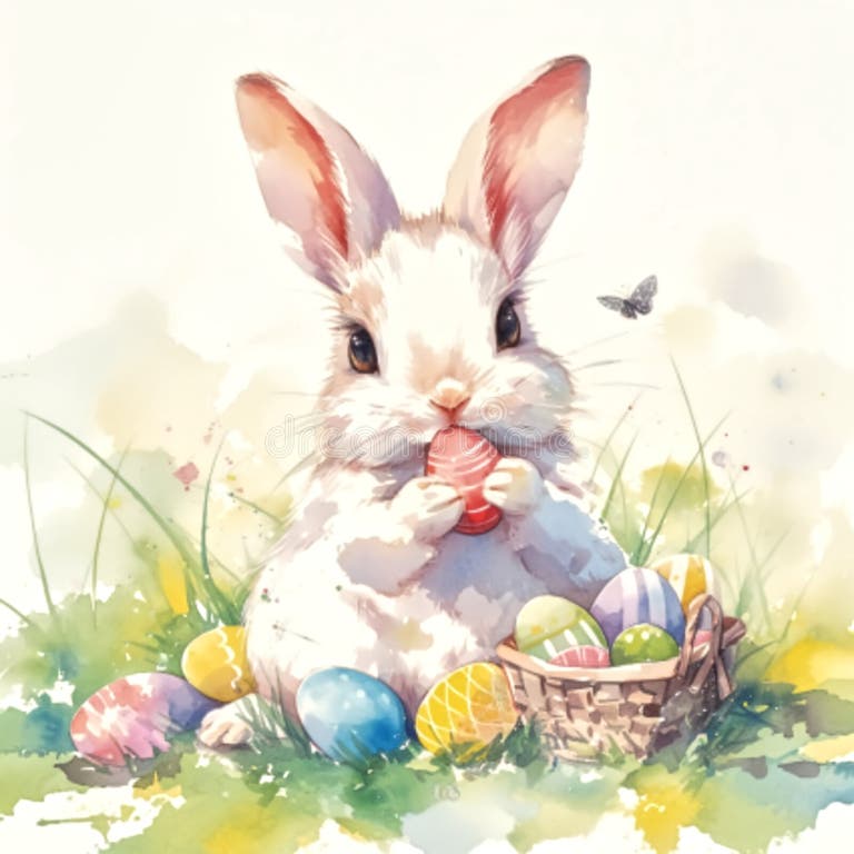 Pretty Cute Easter Rabbit Eating Chocolate Easter on the Grass Stock ...