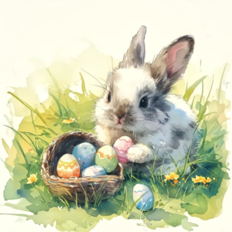 Pretty Cute Easter Rabbit Eating Chocolate Easter on the Grass Stock ...