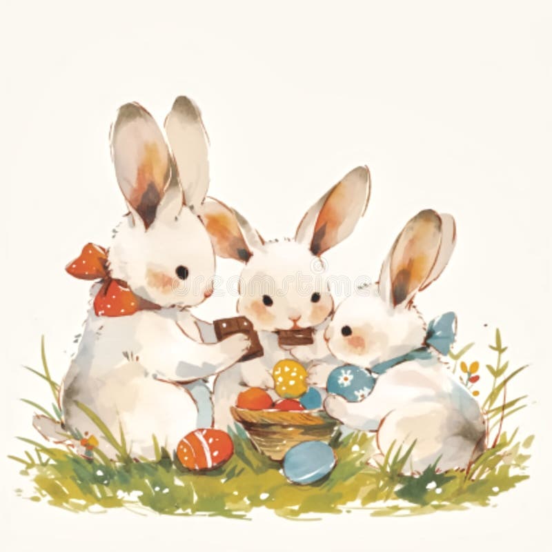 Pretty Cute Easter Rabbits Eating Chocolate Easter on the Grass Stock ...