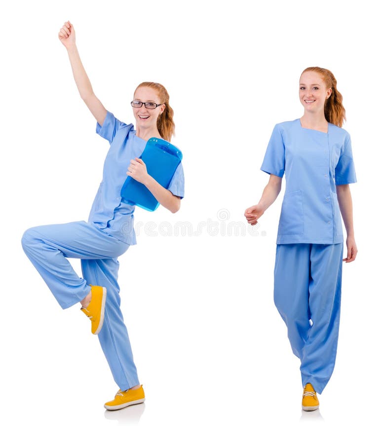 Pretty Dancing Doctor in Blue Uniform with Documents Isolated Stock ...
