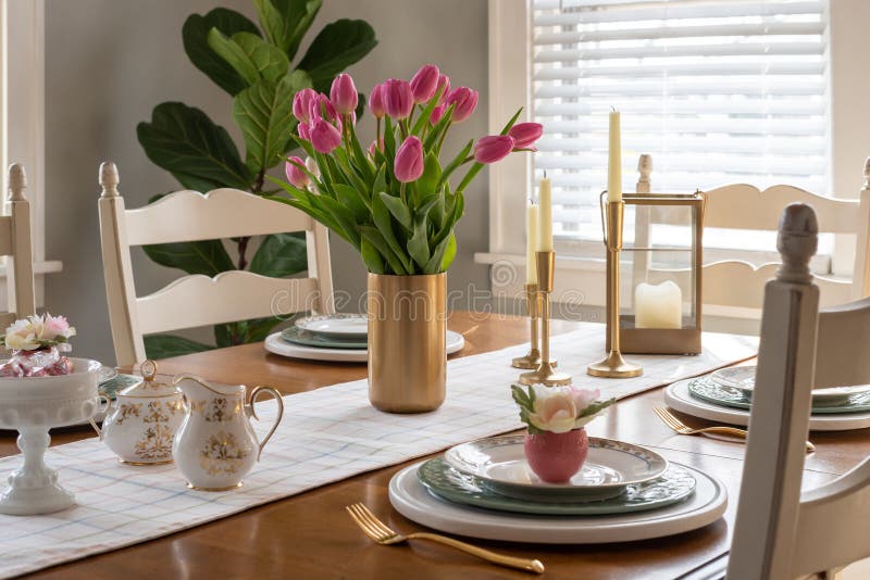 Pretty Dining Room Table with Pink Tulips Stock Image - Image of brunch ...