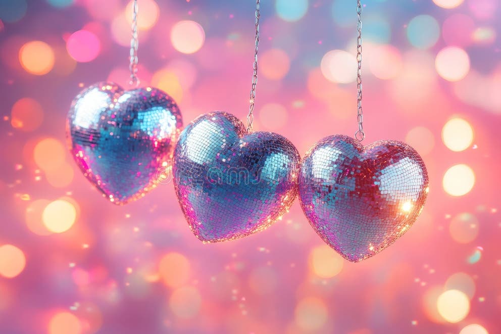 Pretty Disco Heart Shaped Balls, Sparkle Light Rays Rotating Stock ...