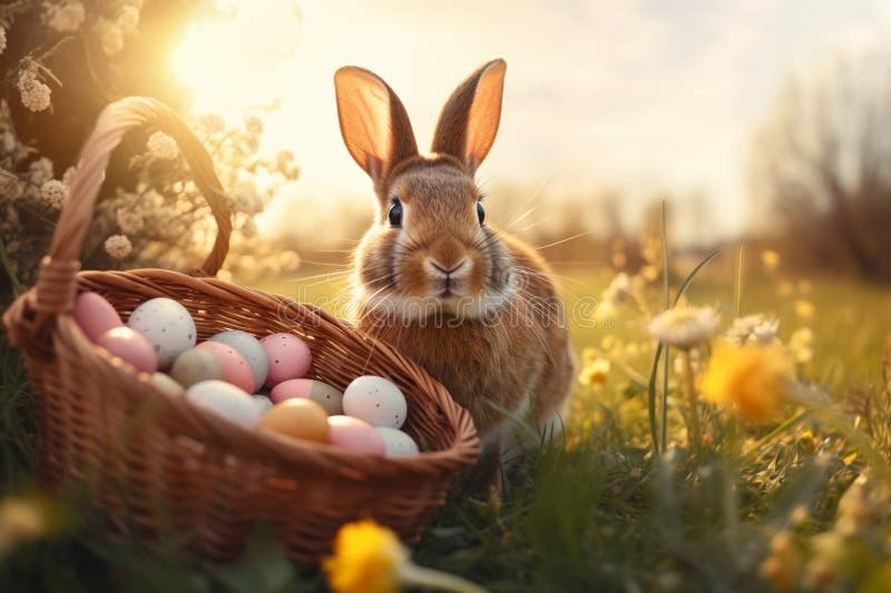 Pretty Easter Bunny Sitting in a Basket on a Meadow of Green Grass in ...