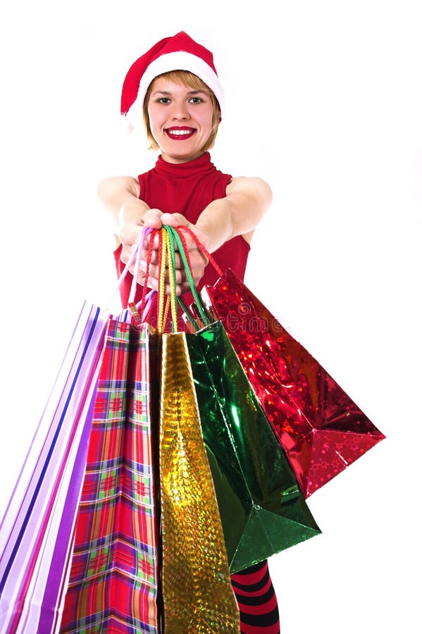 Pretty Elf with Gifts on White Stock Image - Image of beauty, fairy ...