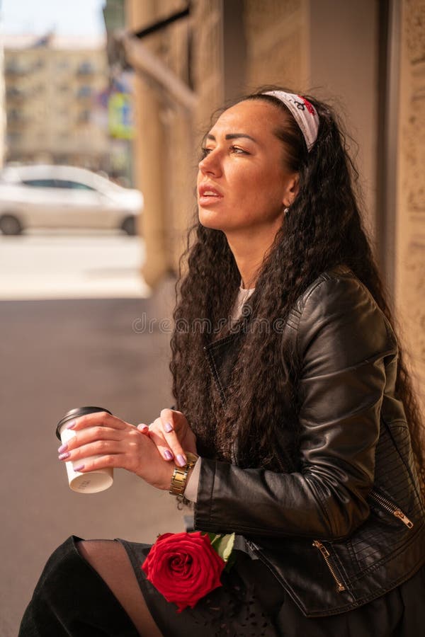 Woman Waiting For Somebody With Coffee On The Street Outdoor Stock
