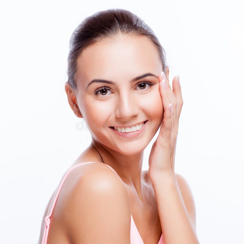 Pretty Face of Beautiful Smiling Woman - Posing at Studio Isolated on ...