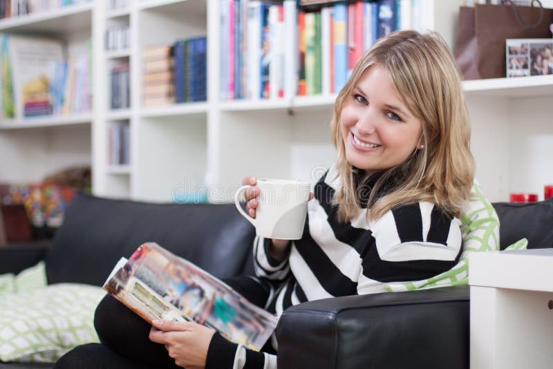 Pretty Fair-haired Woman Drinks Coffee Stock Image - Image of happy ...