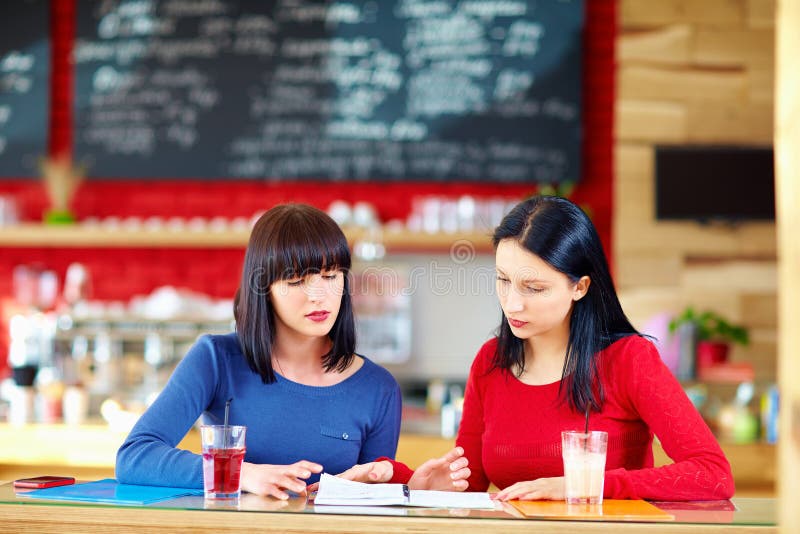 Pretty Female Friends Studying in Cafe Stock Photo - Image of people ...