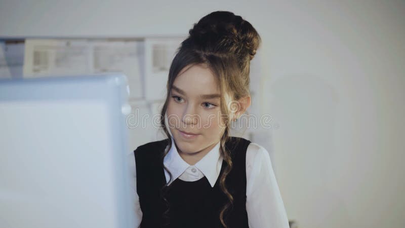 Pretty Female Pupil Working Enthusiastically with Pc. 4K Stock Footage ...