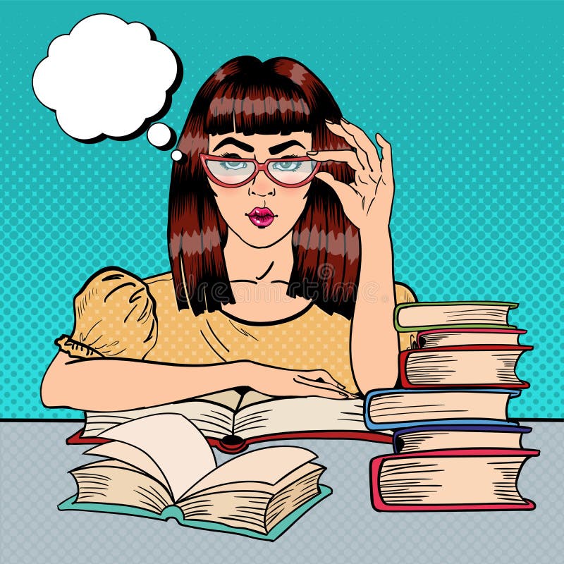 Pretty Female Student Reading Books in Library. Pop Art Stock Vector ...