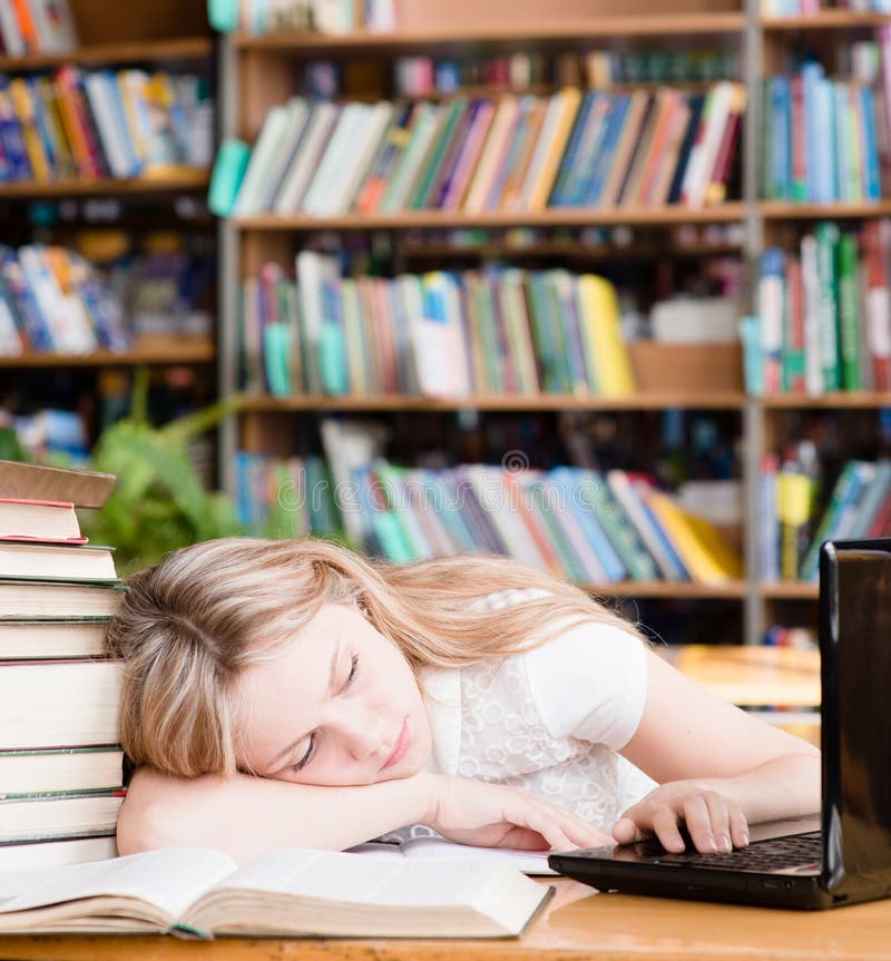 Pretty Female Student Sleep in Library Stock Image - Image of cute ...