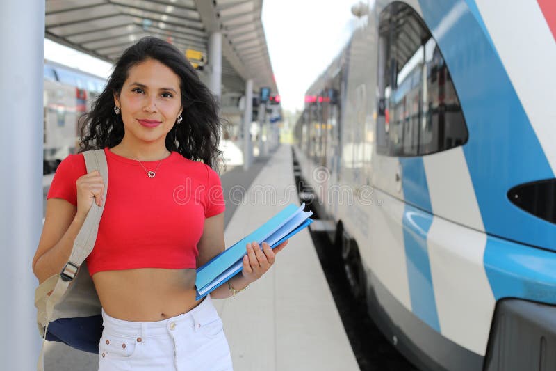 Pretty Female Student Taking a Train Stock Photo - Image of ...