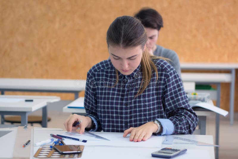 Pretty Female University Architecture Student Working on Practice ...