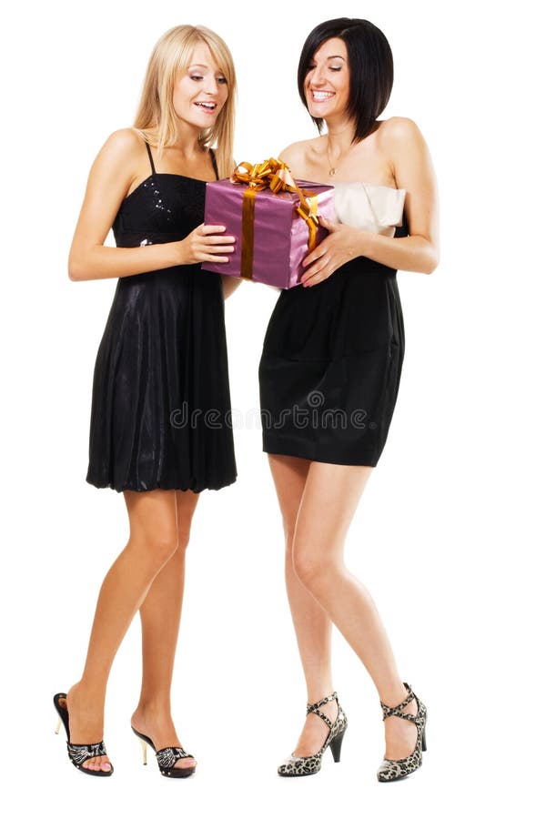 Pretty Festive Girls with a Gift Box Stock Image - Image of holiday ...