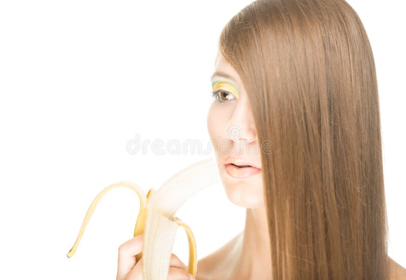 Pretty Girl with Banana Isolated on White. Stock Photo - Image of ...