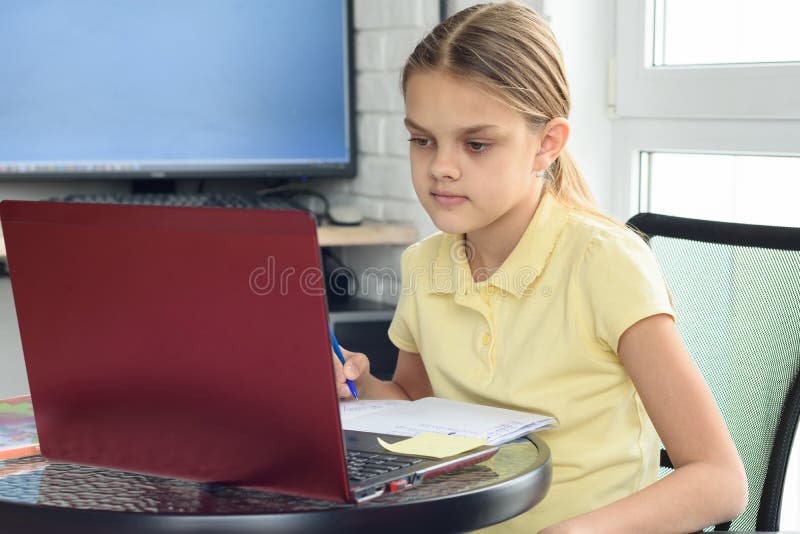 Pretty Girl of Caucasian Appearance at the Computer Does Homework Stock ...