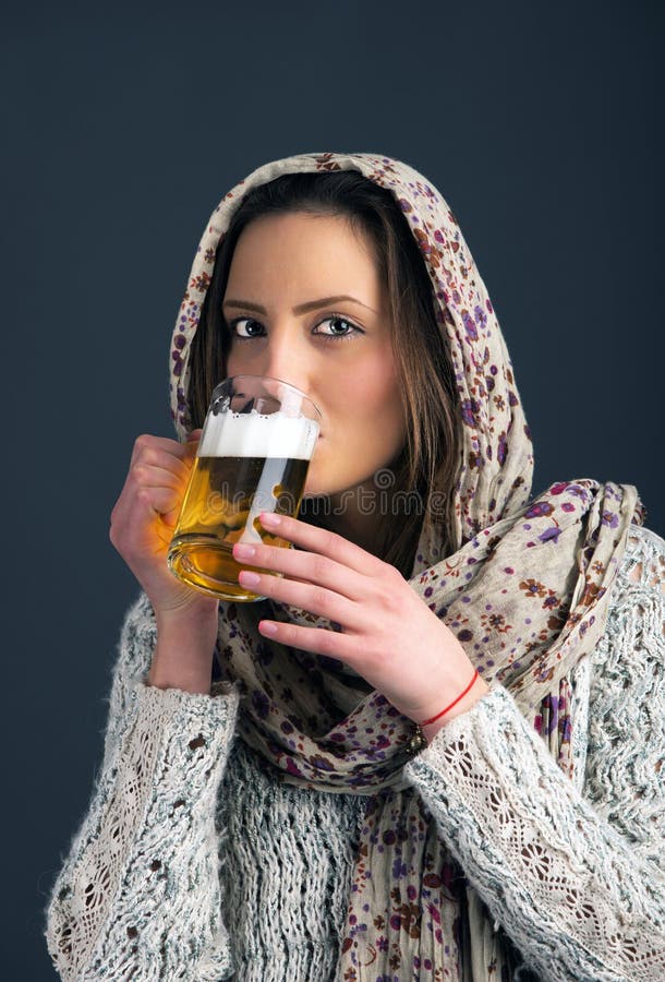 Pretty Girl Drinking Beer from the Glass Stock Image - Image of ...