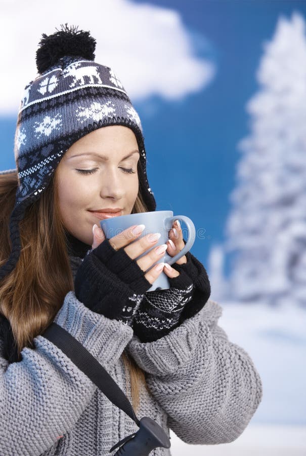 Pretty Girl Drinking Hot Tea in Winter Eyes Closed Stock Photo - Image ...
