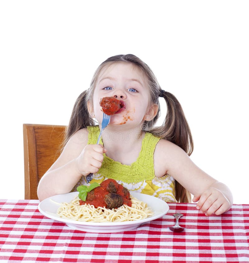 Pretty Girl Eating Pasta and Meatballs Stock Photo - Image of hunger ...