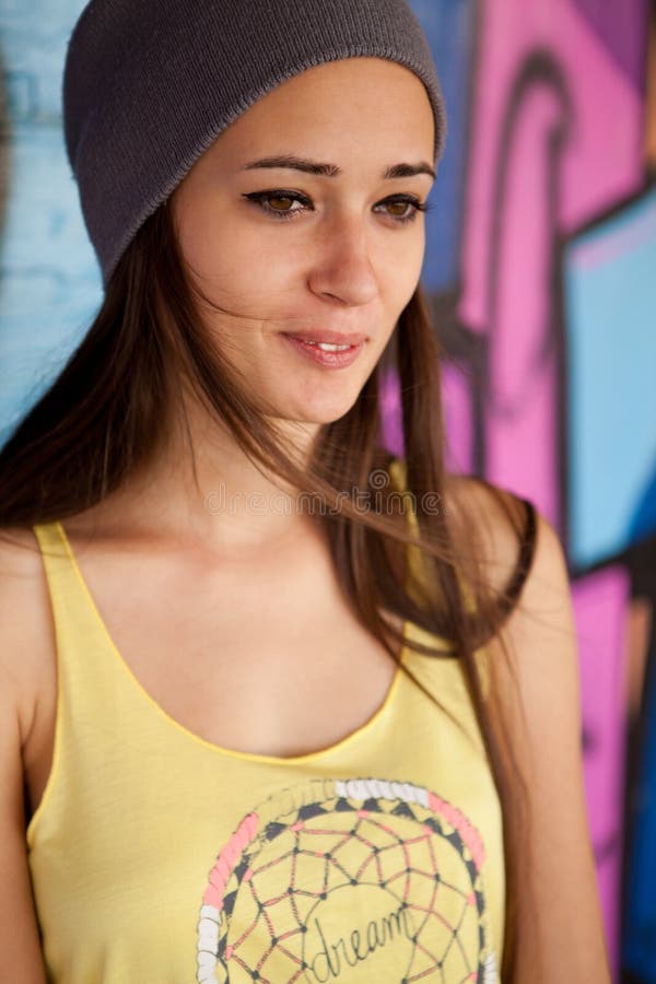 Pretty girl with gray hat stock photo. Image of fashion - 33397002