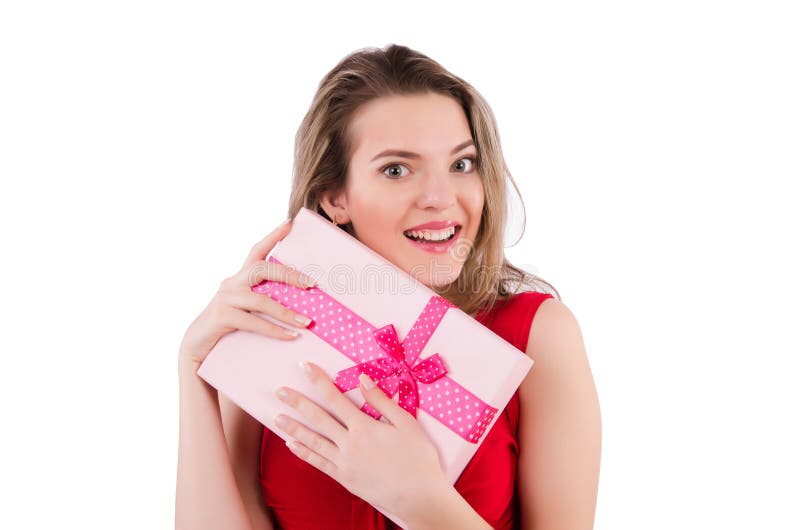 Pretty Girl Holding Gift Box Isolated on White Stock Photo - Image of ...