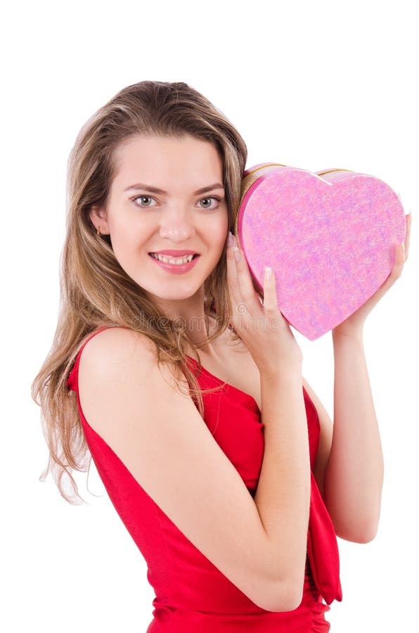 Pretty Girl Holding Gift Box Isolated on White Stock Image - Image of ...