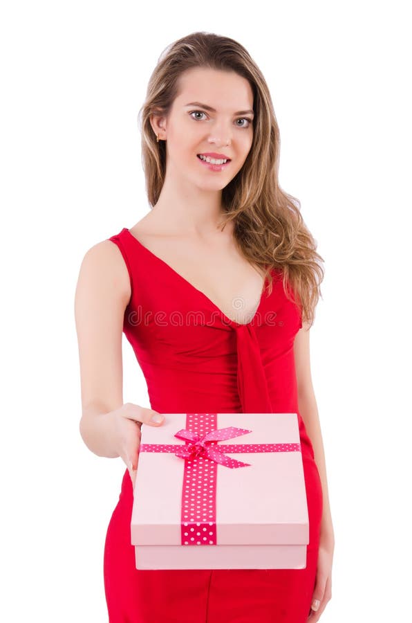 The Pretty Girl Holding Gift Box Isolated on White Stock Image - Image ...