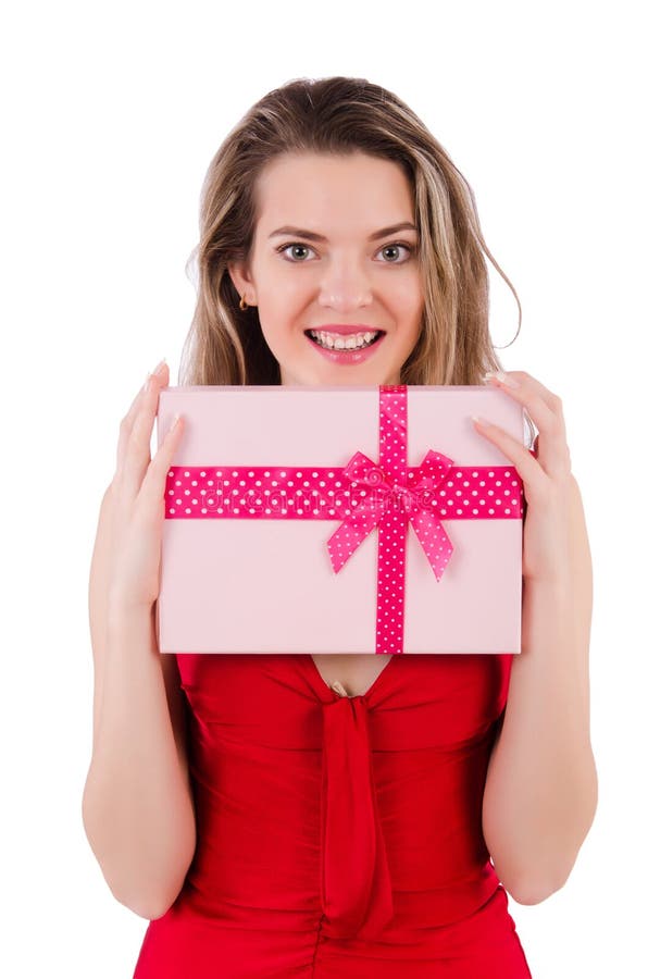 The Pretty Girl Holding Gift Box Isolated on White Stock Photo - Image ...