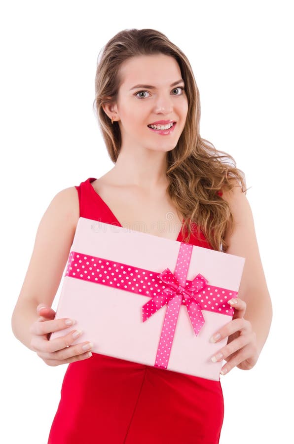 The Pretty Girl Holding Gift Box Isolated on White Stock Photo - Image ...