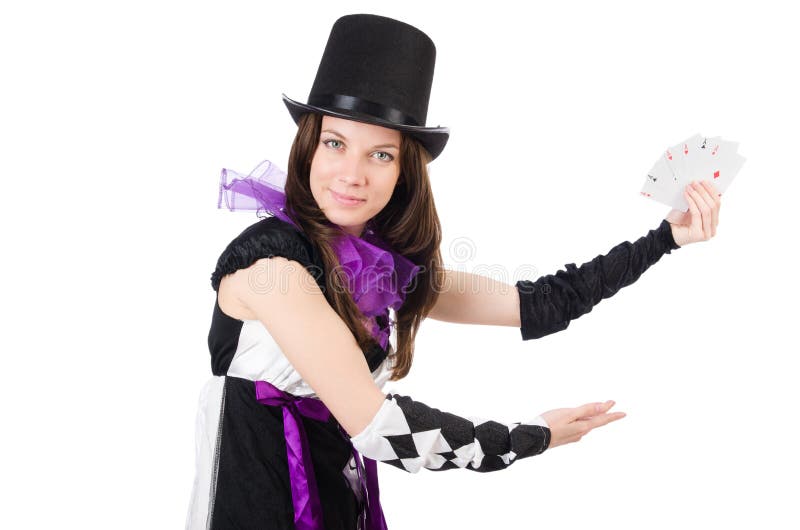 Pretty Girl in Jester Costume with Cards Isolated Stock Image - Image ...