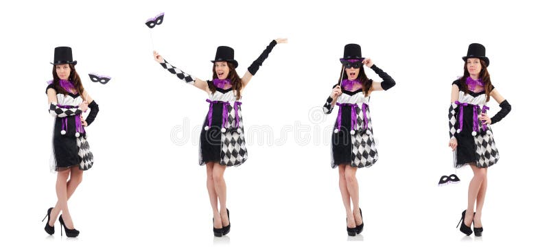 Pretty Girl in Jester Costume Isolated on White Stock Image - Image of ...