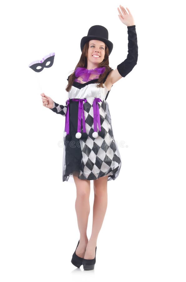 Pretty Girl in Jester Costume with Mask Isolated Stock Image - Image of ...