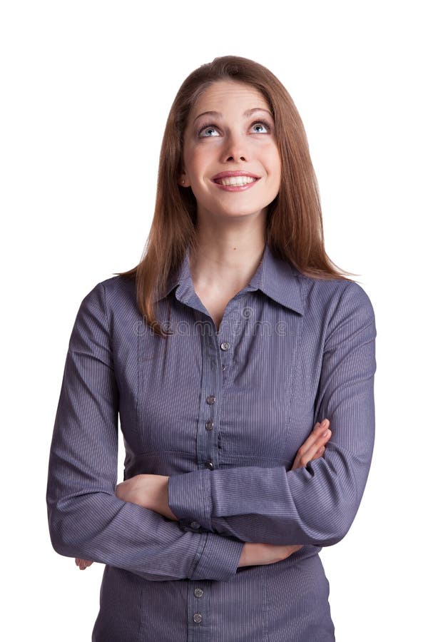 Pretty Girl Looking Up at Something Stock Photo - Image of happiness ...